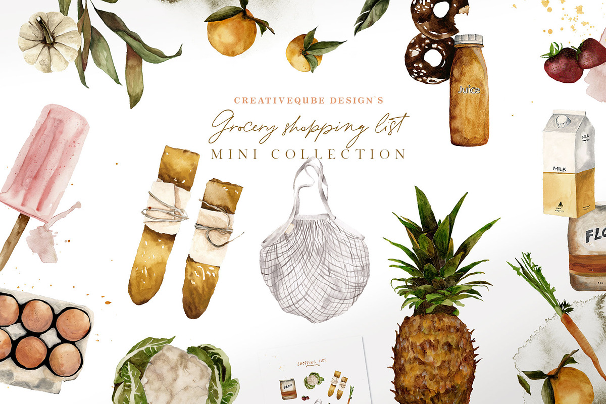 Grocery Shopping List Watercolor, a Food Illustration by Creativeqube ...