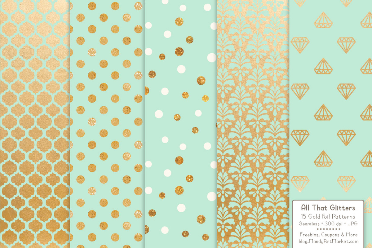 Gold Foil Digital Papers in Mint, a Pattern Graphic by Amanda Ilkov