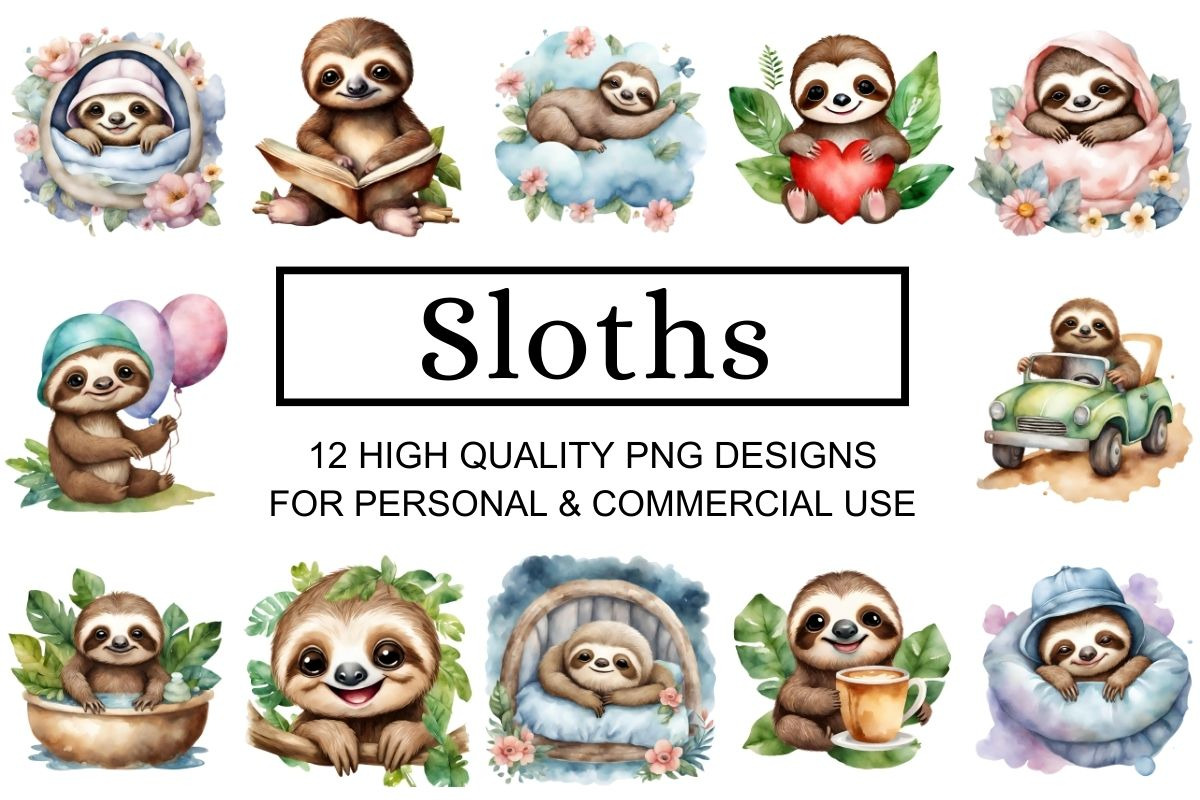 12 Super Cute Baby Sloth Clipart, an Animal Illustration by Catchy Ideaz