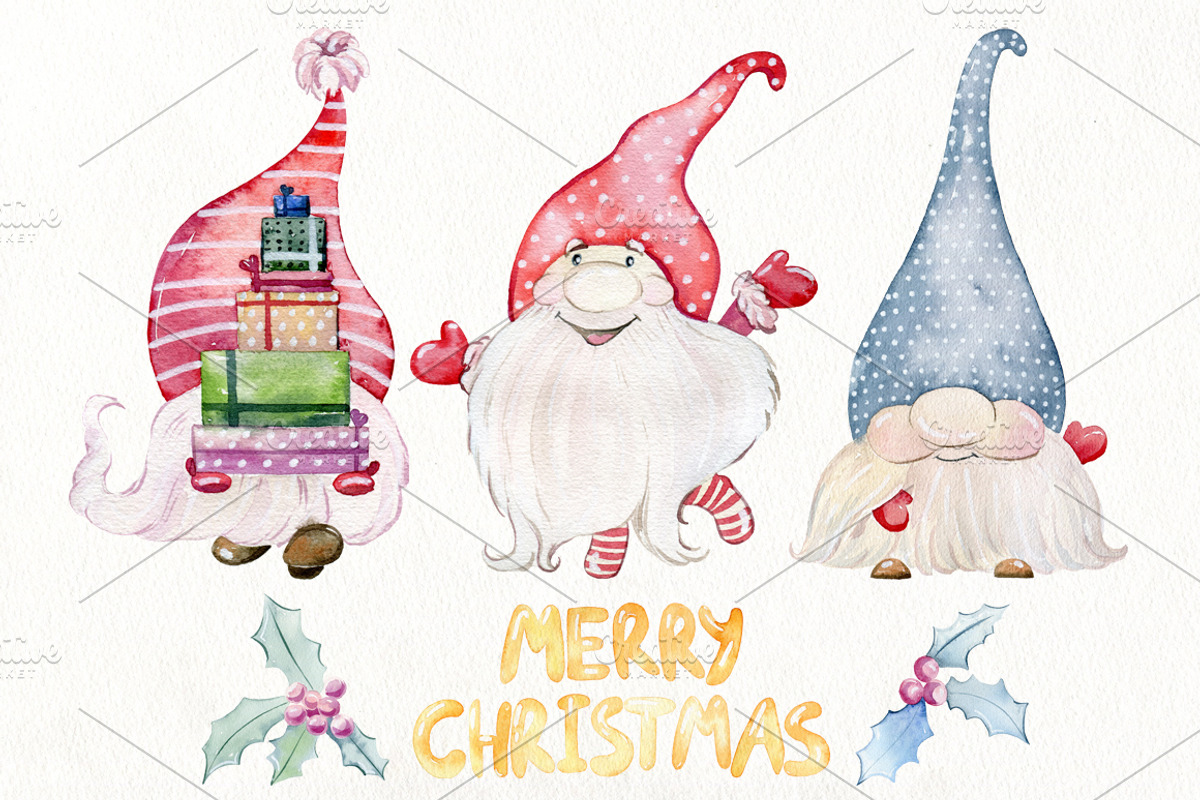 Christmas gnomes.Watercolor clipart., an Illustration by TaPilipa