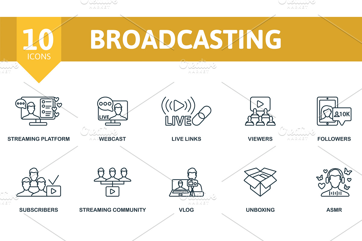 Broadcasting outline icons set, a Technology Illustration by ...