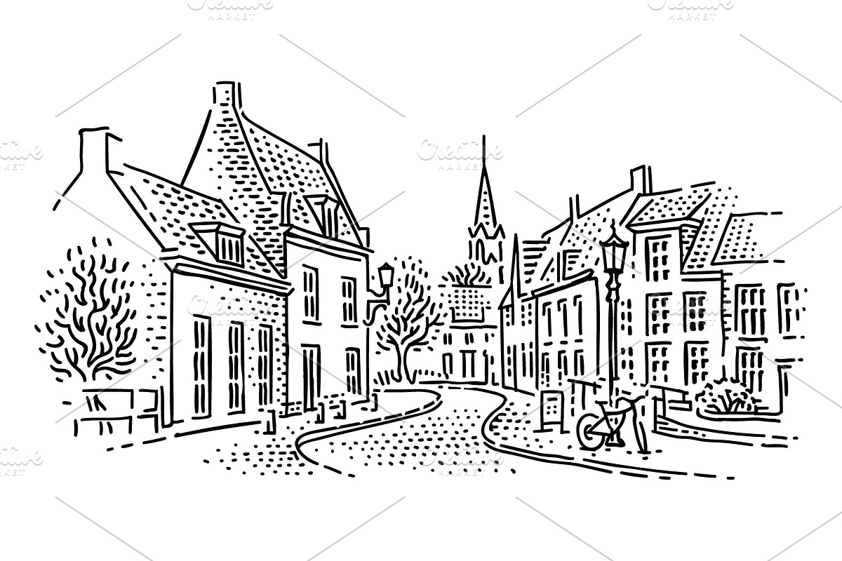 European town line illustration., an Illustration by yuRomanovich Store