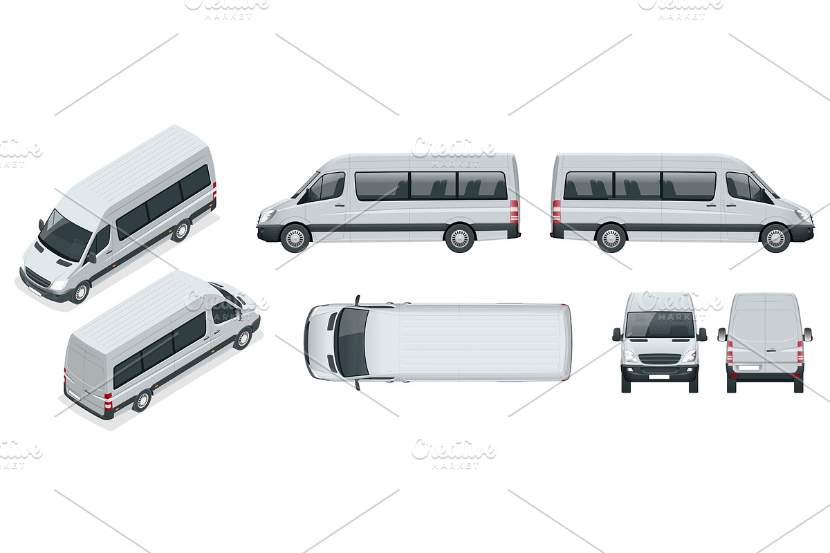 Realistic set of Van template Isolated passenger minibus for corporate ...