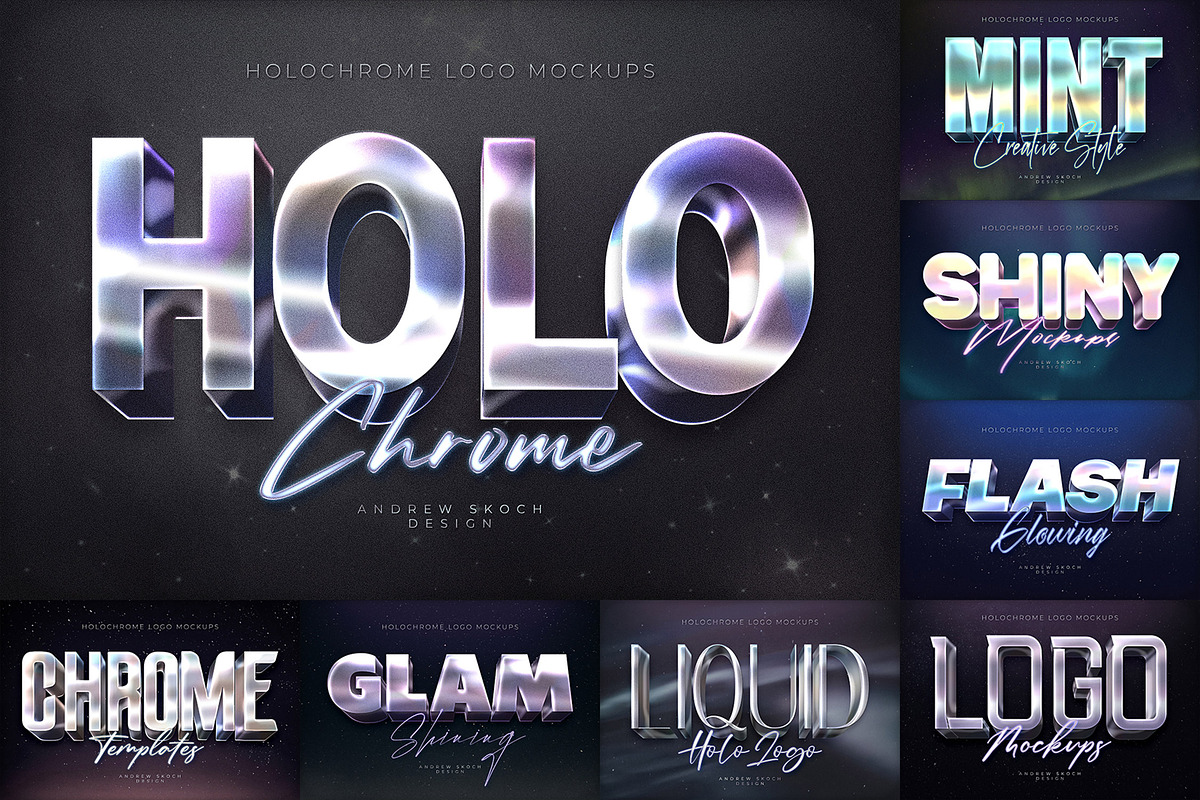 Holographic Text Logo Effects Bundle, a Layer Style Add-On by Andrew Skoch Design
