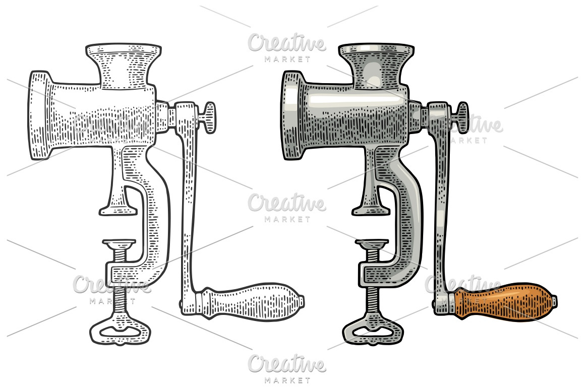 Meat grinder. Vector black vintage engraving, a Food Illustration by ...