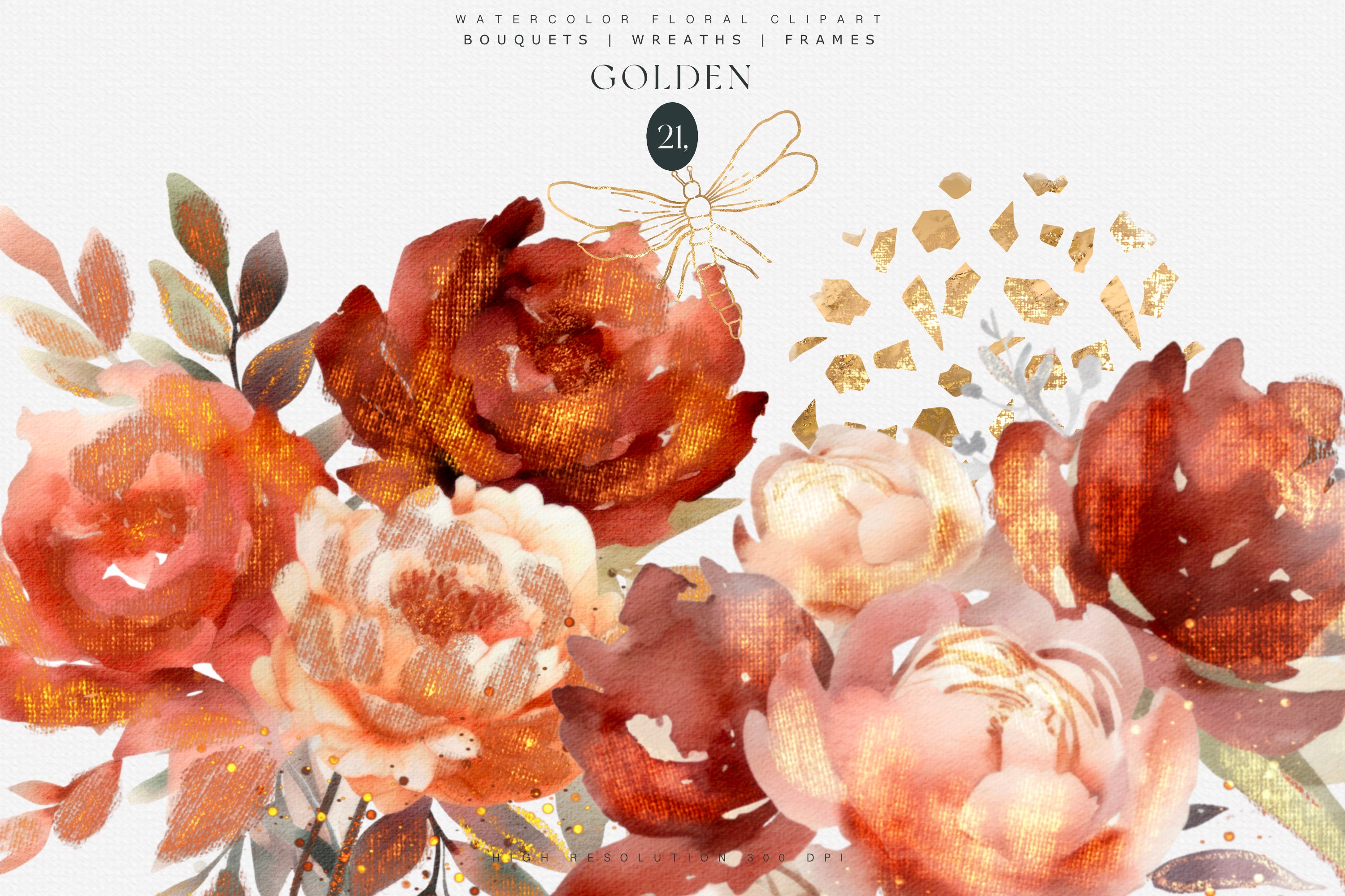 watercolor golden floral clipart set, a Decorative Illustration by Pink ...