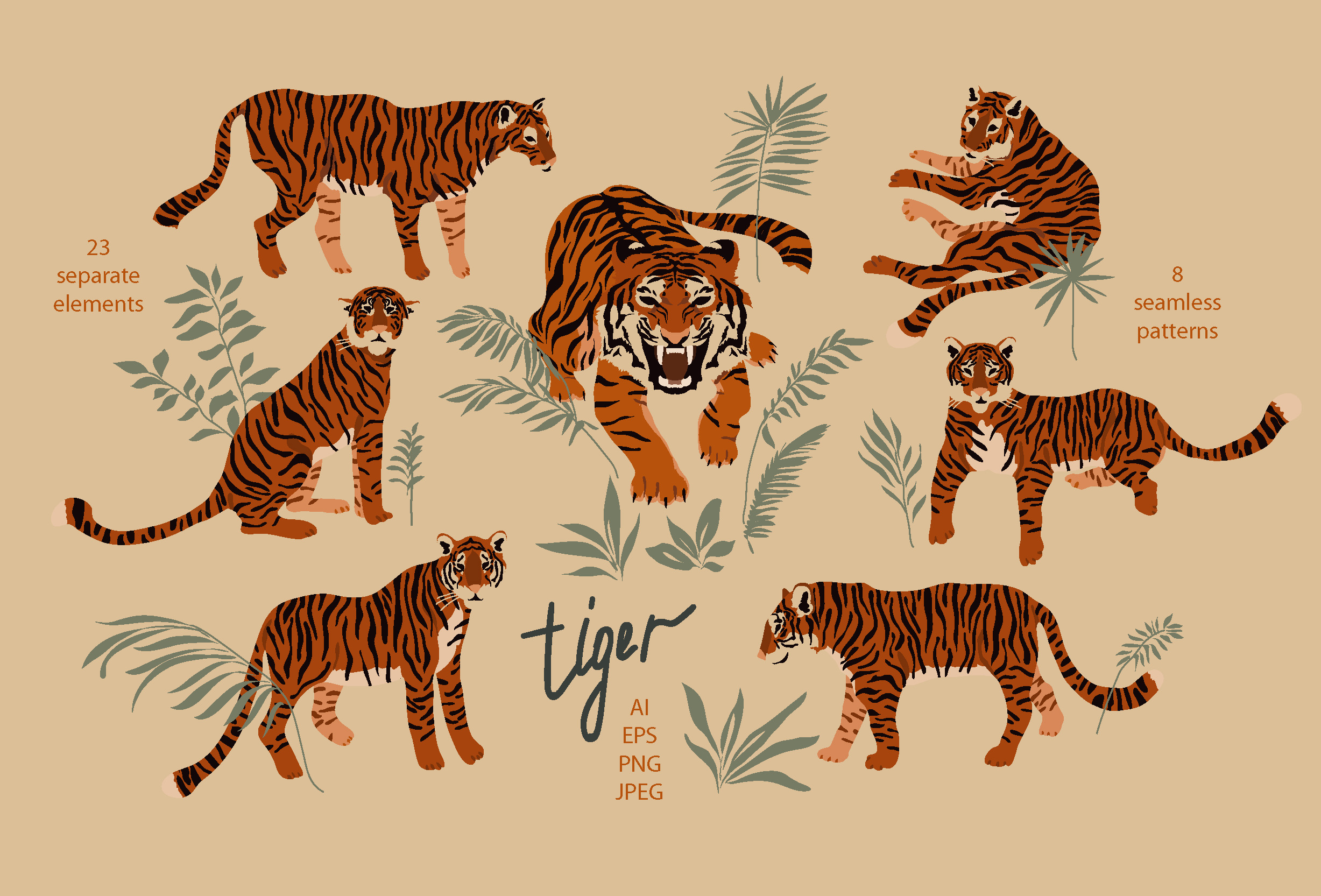 Tiger vector seamless + clipart set, a Pattern Graphic by PatternsBlooming