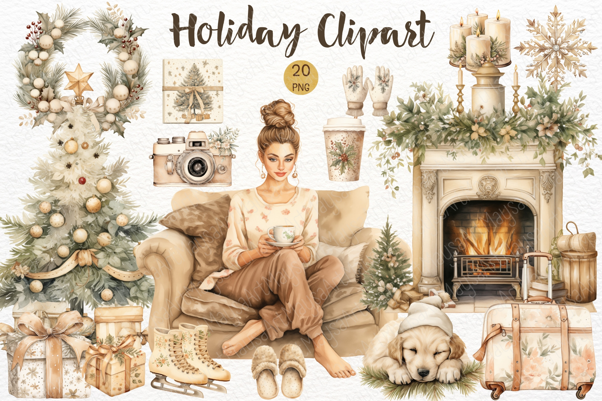 Holiday Watercolor Clipart PNG, a Seasonal Illustration by Maysa Art