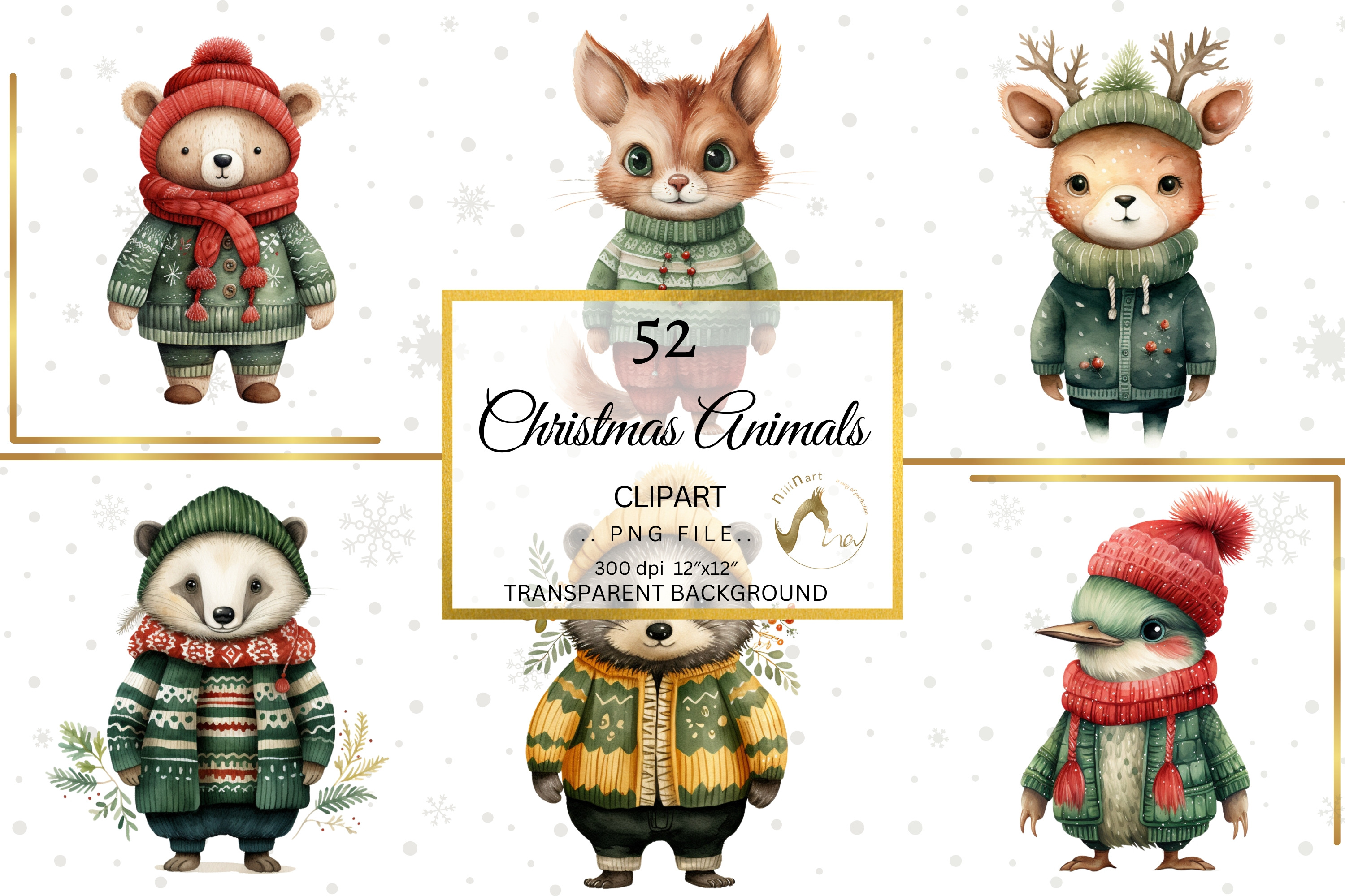 Watercolor Xmas Animals Clipart set, an Animal Illustration by NiiiNArt