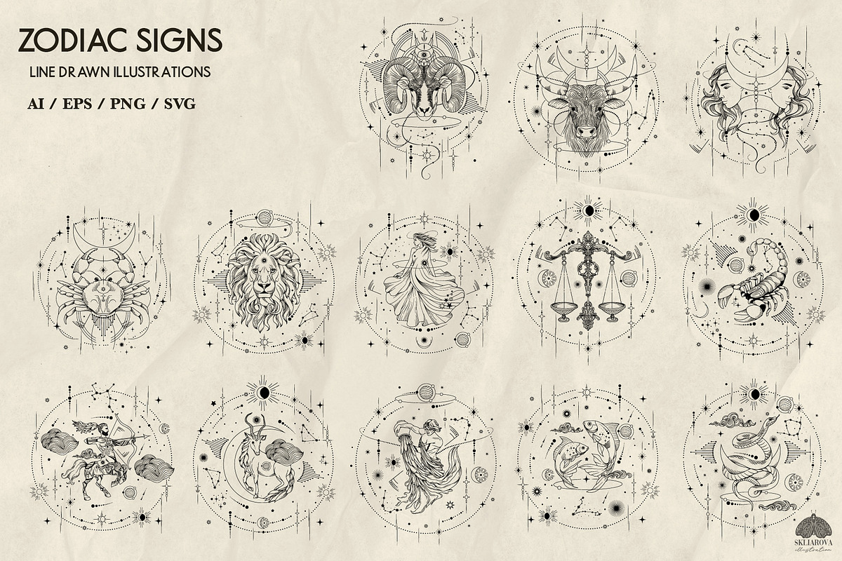 Zodiac signs line art + Procreate, a Decorative Illustration by Skliarova