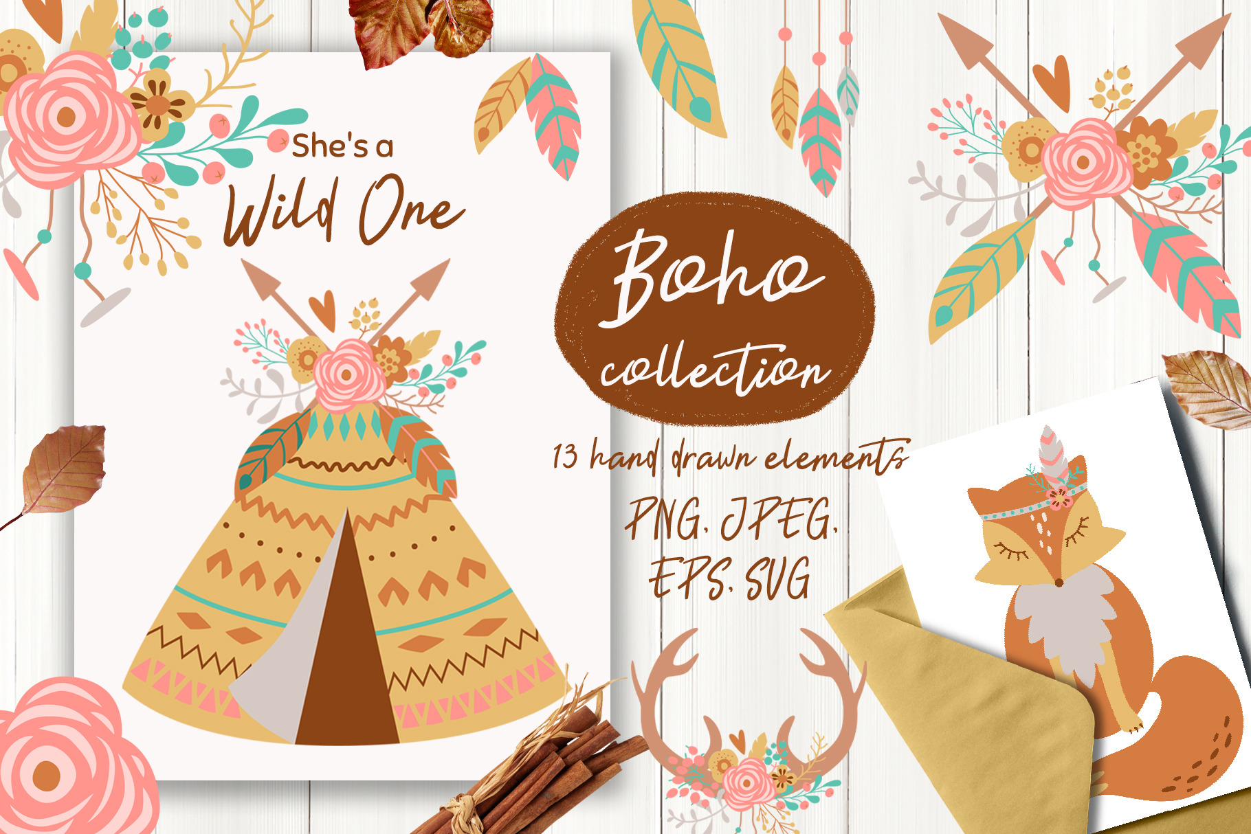 Baby boho chic clipart illustrations