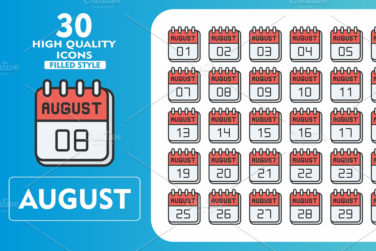August Month Line Filled Icons, an Icon by Pexelpy