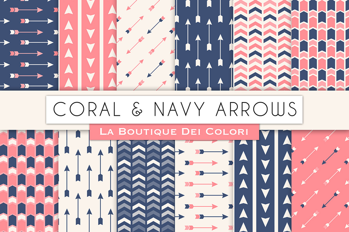 Coral and Navy Arrow Digital Paper, a Pattern Graphic by La Boutique ...