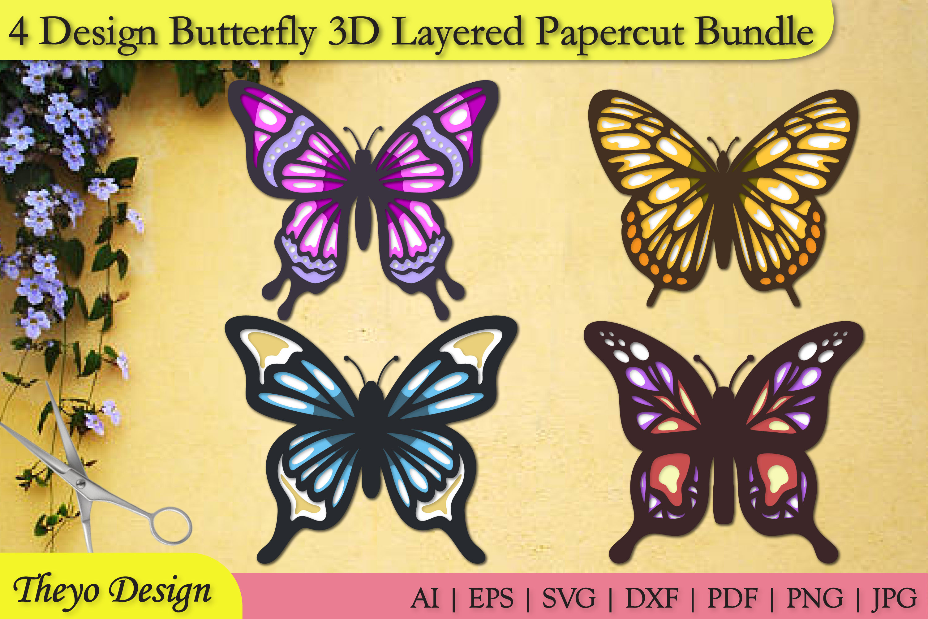 4 Butterfly 3D Layered Papercut Svg | Illustrations ~ Creative Market