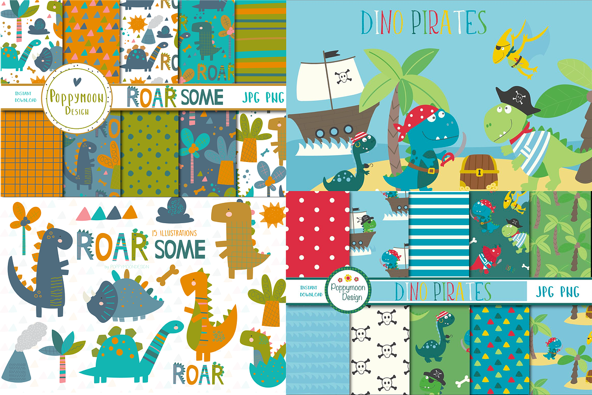 DINOSAURS bundle clipart and papers., a Decorative Illustration by ...