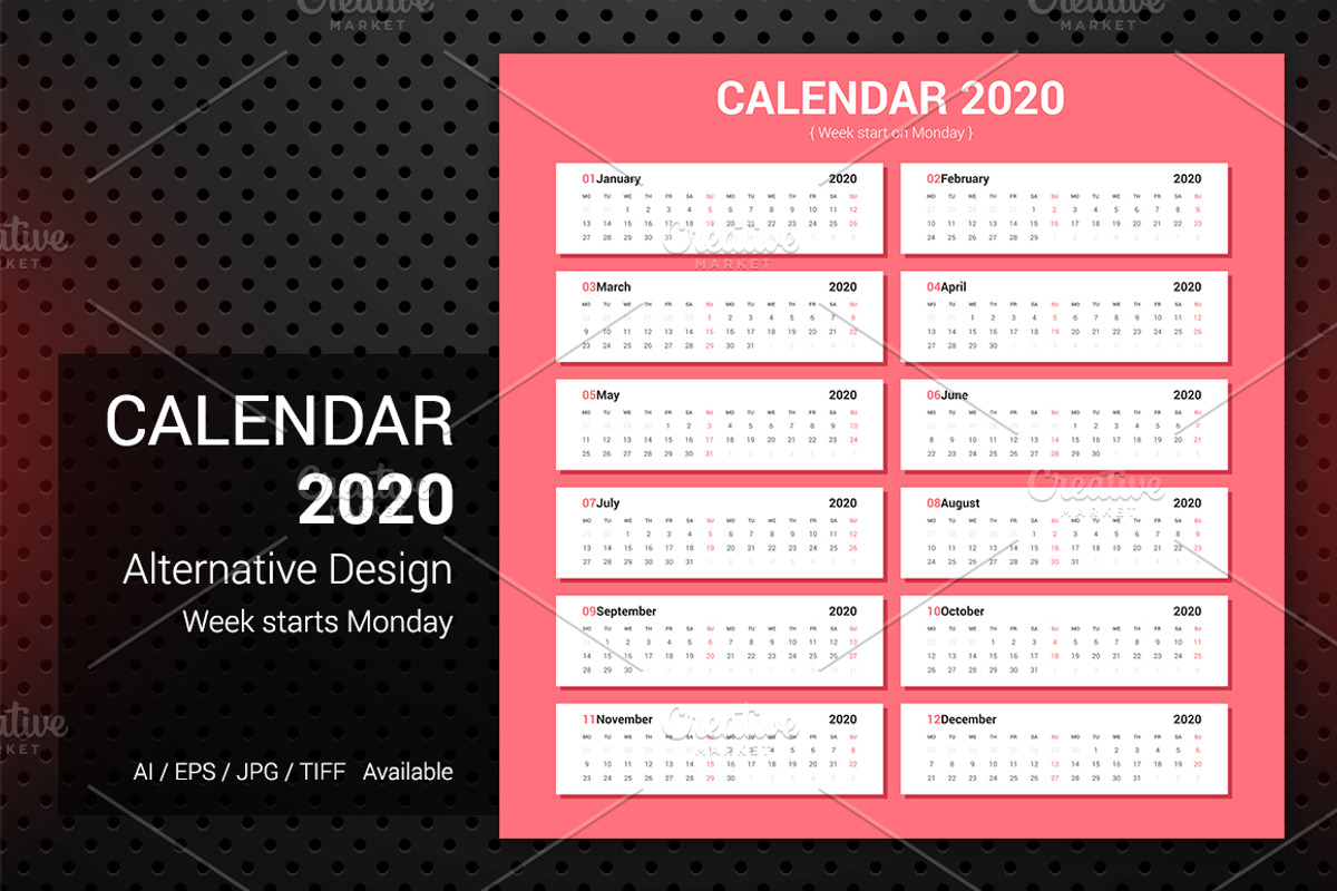 Calendar 2020 Week Starts Monday, a Stationery Template by WORAKAMON ...