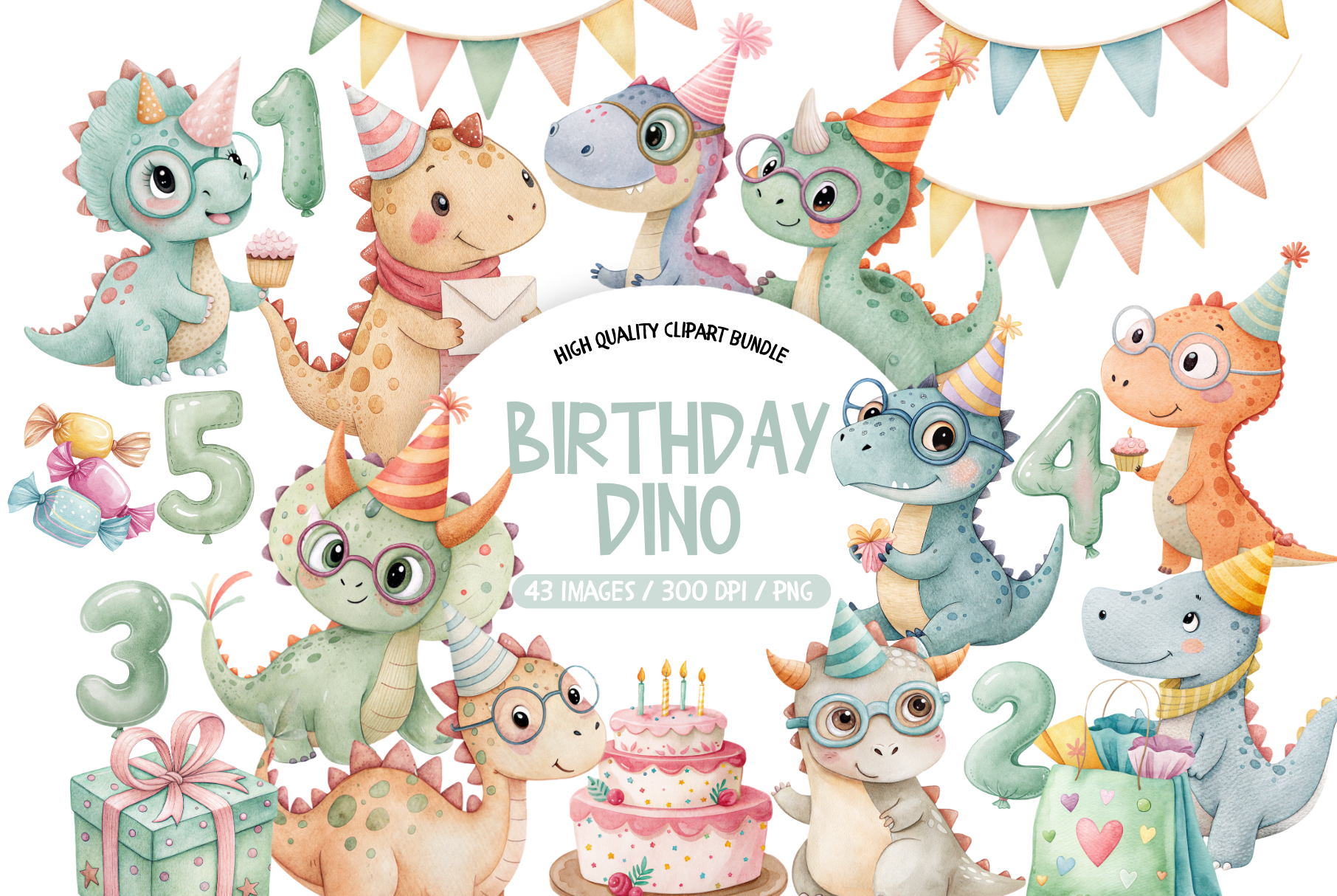 Cute Birthday Dino Clipart Set, an Illustration by TatiMockup