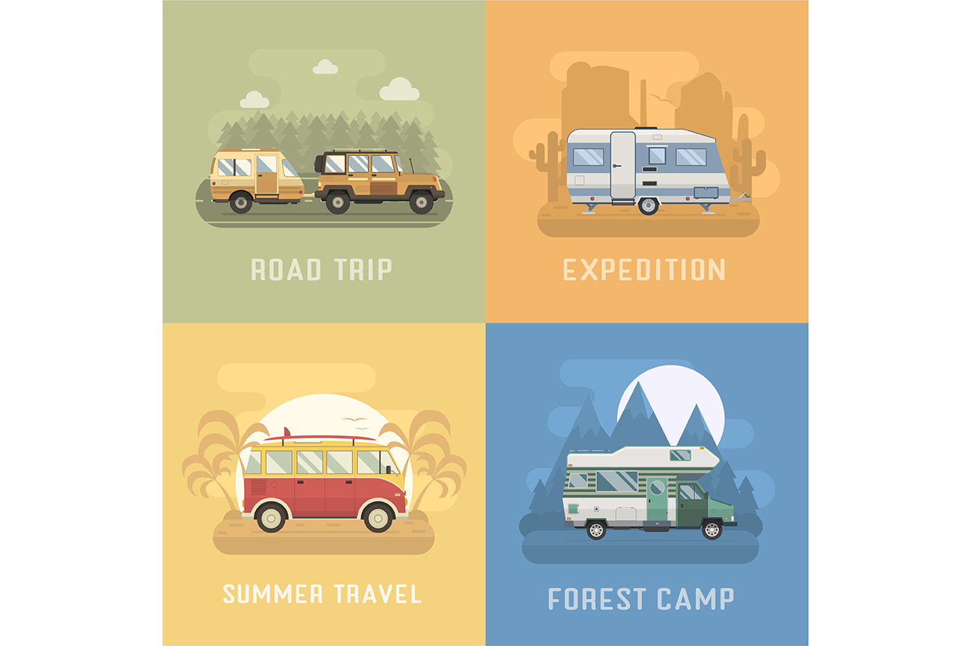 Rv Campers Travel Backgrounds Set, an Illustration by Alex Krugli