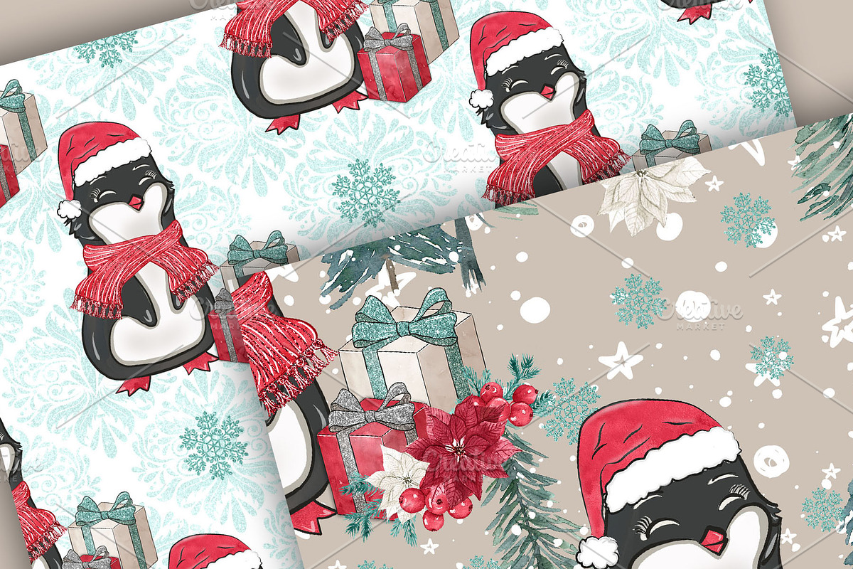 Penguin Winter digital paper pack, a Pattern Graphic by designloverstudio