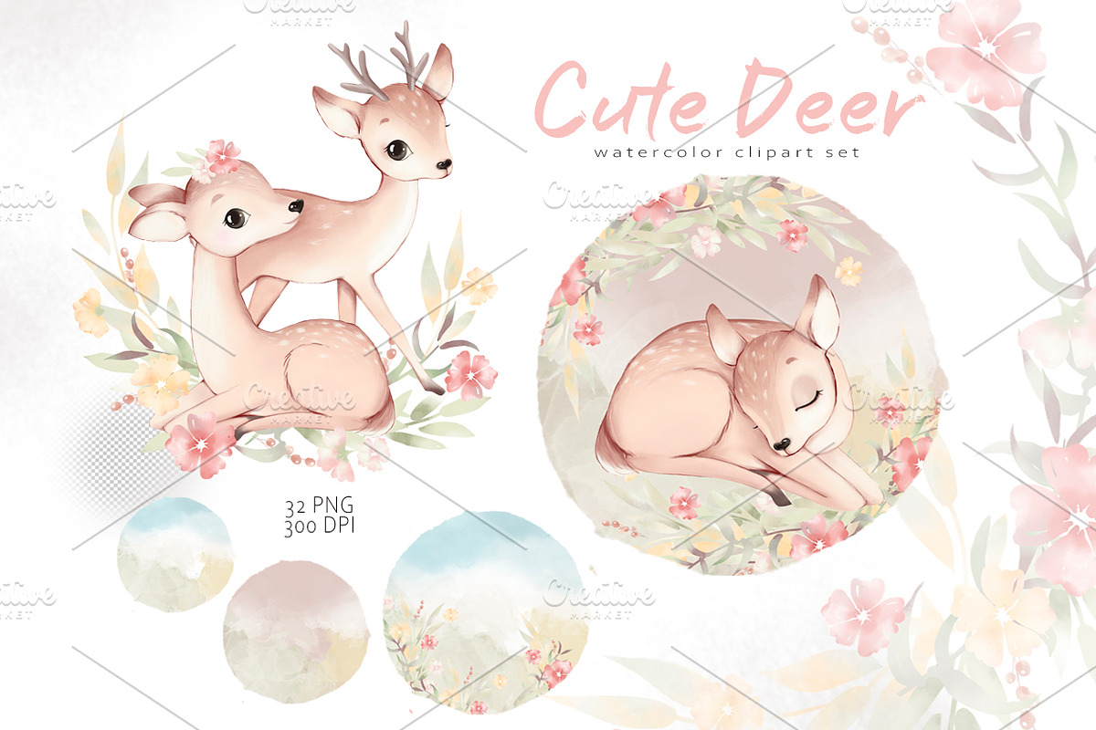 Watercolor Baby Deer Clipart, an Animal Illustration by StudioBeeArt