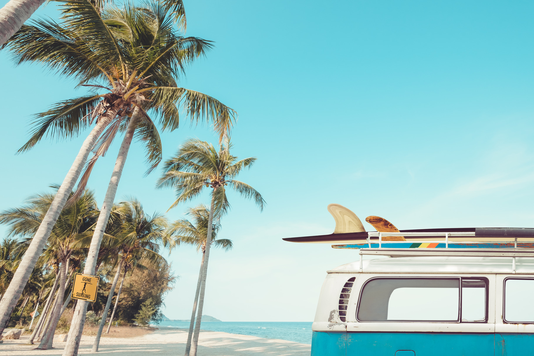 Car with surf on the tropical beach containing beach, vintage, and surf ...