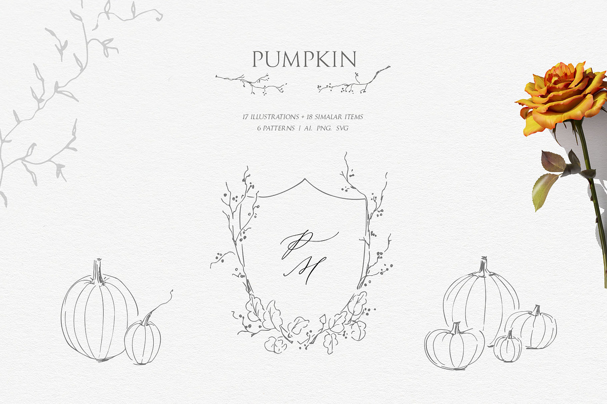 Pumpkin line art. Fall floral wreath, an Illustration by Summer ...