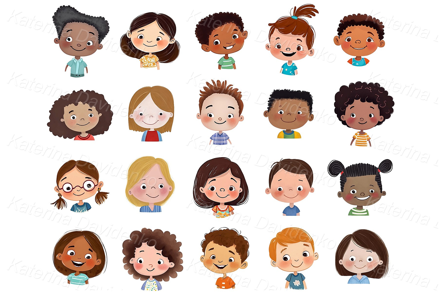 Cartoon kids heads, faces, avatars, a Person Illustration by Bubert Art