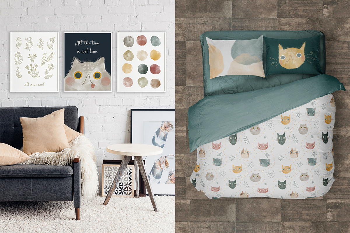 Cozy cats - watercolor style set, an Animal Illustration by Ginger.o.clock