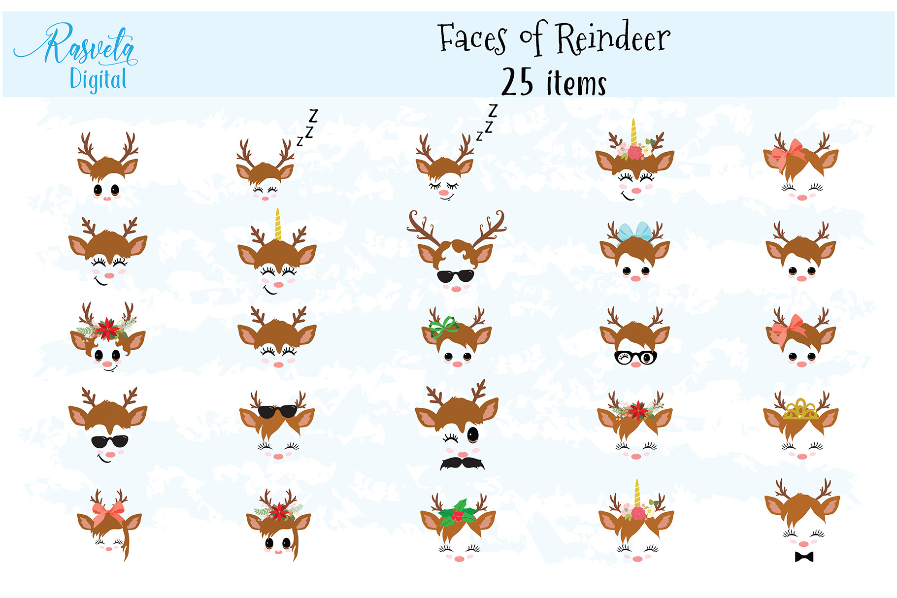 Reindeer Faces clip art set 1, an Animal Illustration by Rasveta
