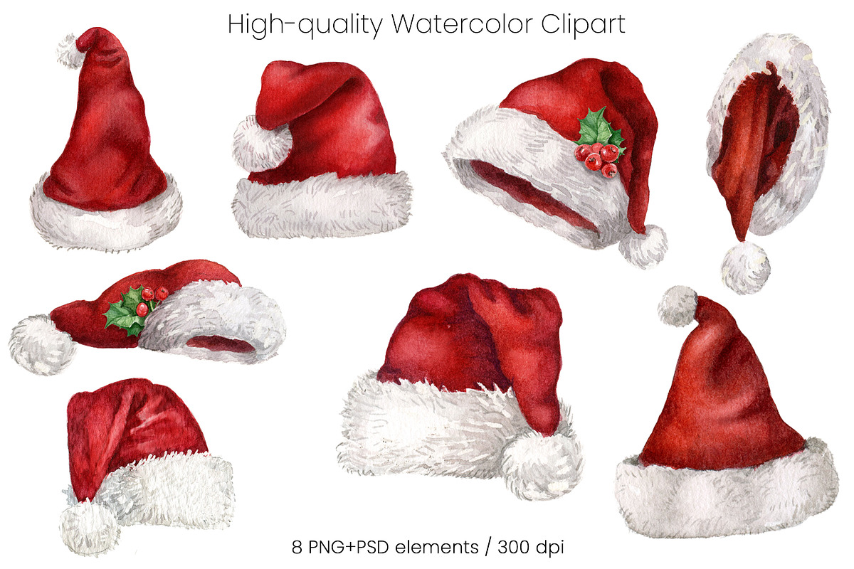 Watercolor Santa Clause hat clipart