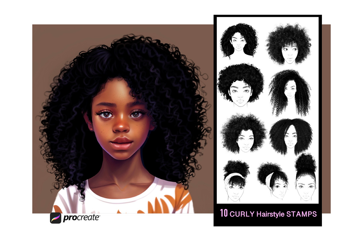 Curly Hair Stamps Brushes Procreate, a Brush Add-On by Lucrumplus