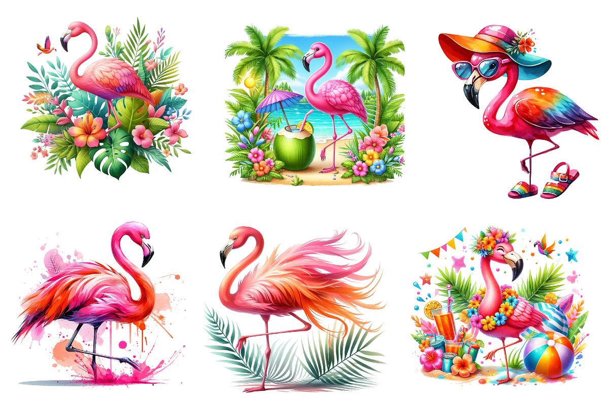 Watercolor Summer Flamingo Clipart, an Illustration by Dream Creation