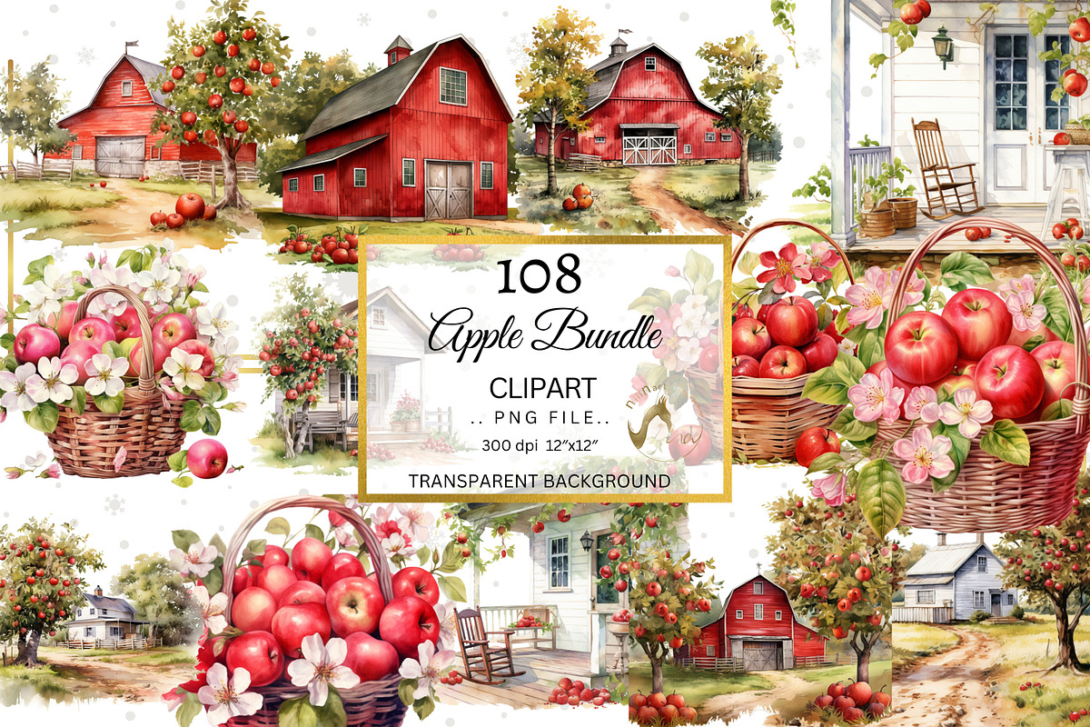 Apple Clipart Bundle, Watercolor PNG, an Illustration by NiiiNArt