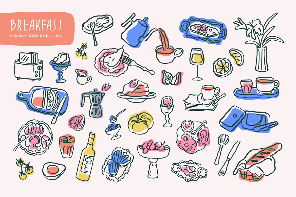 Breakfast food, doodle drawings set, a Food Illustration by Good Studio