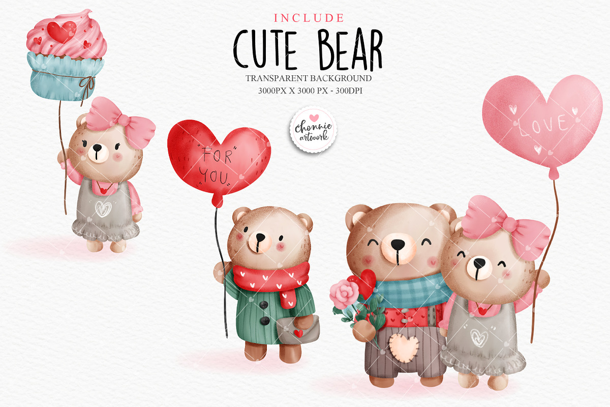 Valentine's day bear clipart, an Animal Illustration by Chonnieartwork