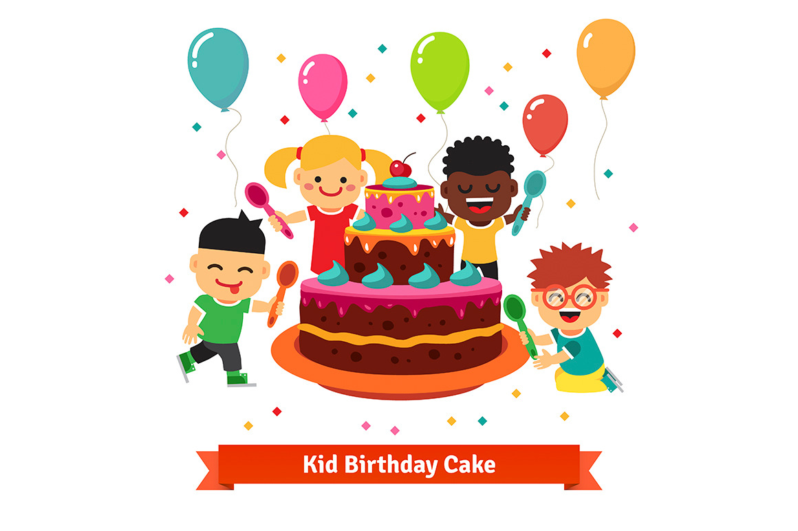 Celebrating kids with birthday cake, a Decorative Illustration by ...