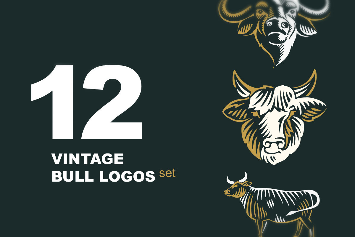 12 vintage bull logos set, a Branding & Logo Template by kaer_shop