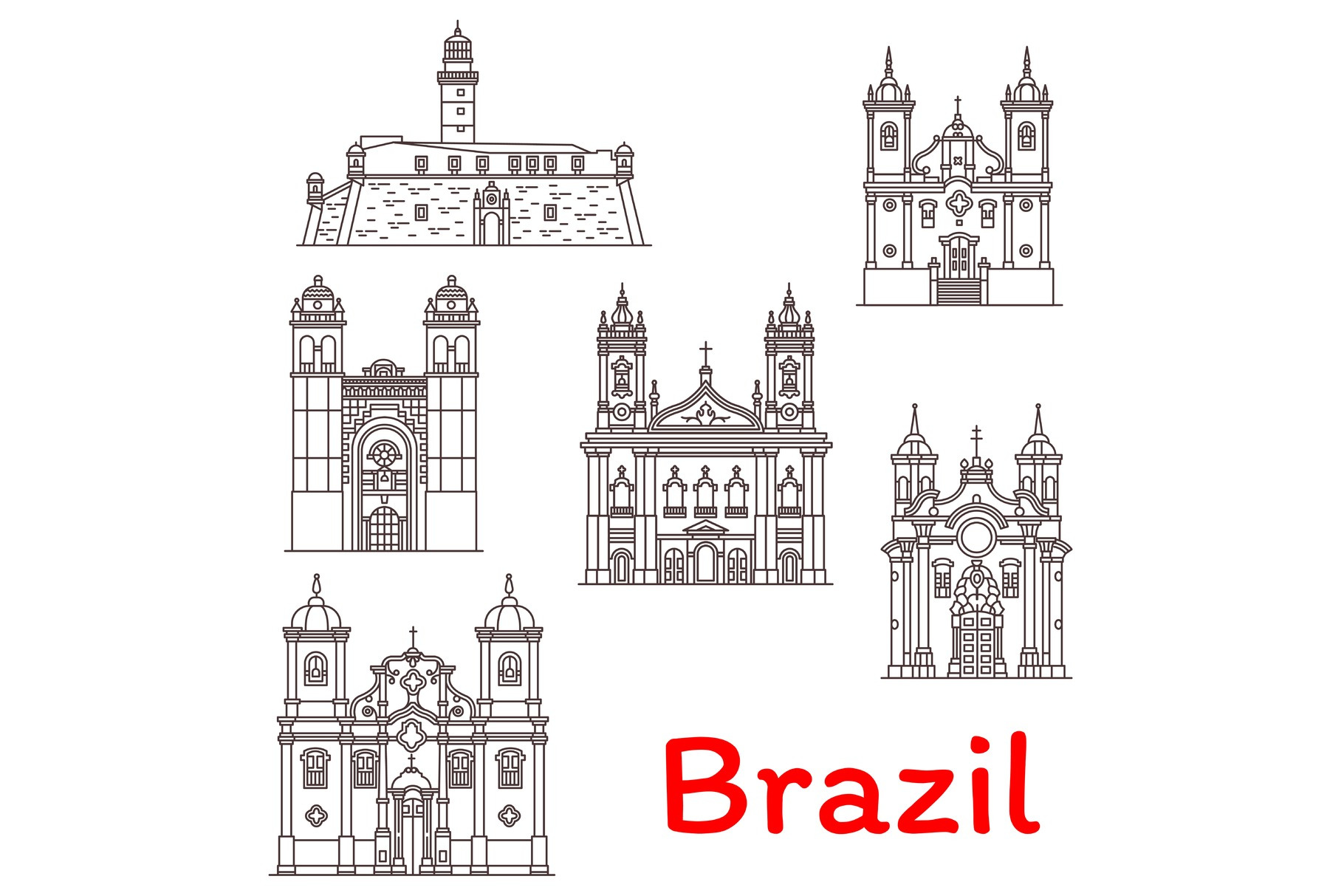 Brazil landmarks vector architecture line icons, an Illustration by ...