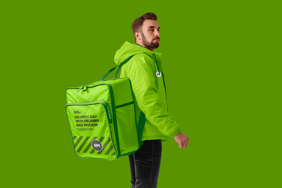 Delivery guy with bag mockup