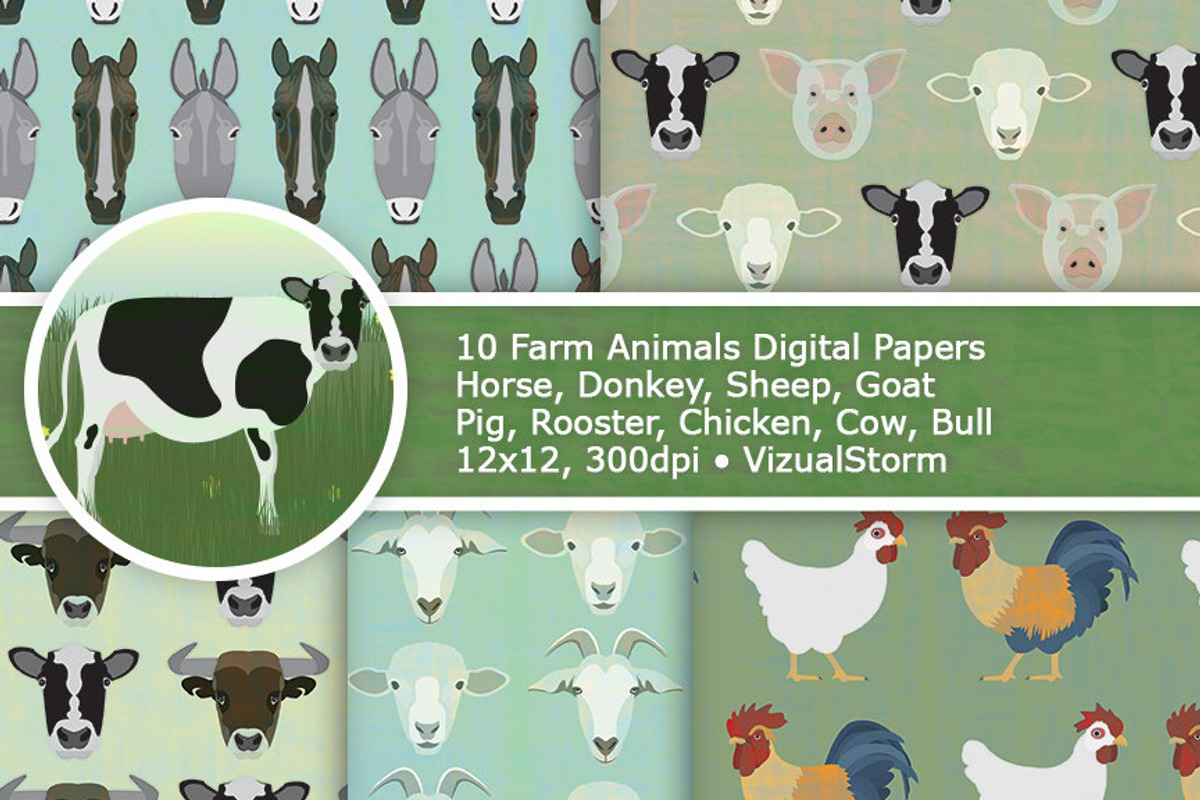 Farm Animal Digital Paper Patterns, a Pattern Graphic by VizualStorm