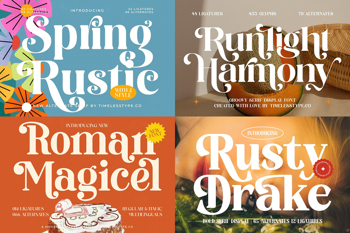 50 Fonts Endless DIsplay Styles, a Serif Font by timelesstype.co