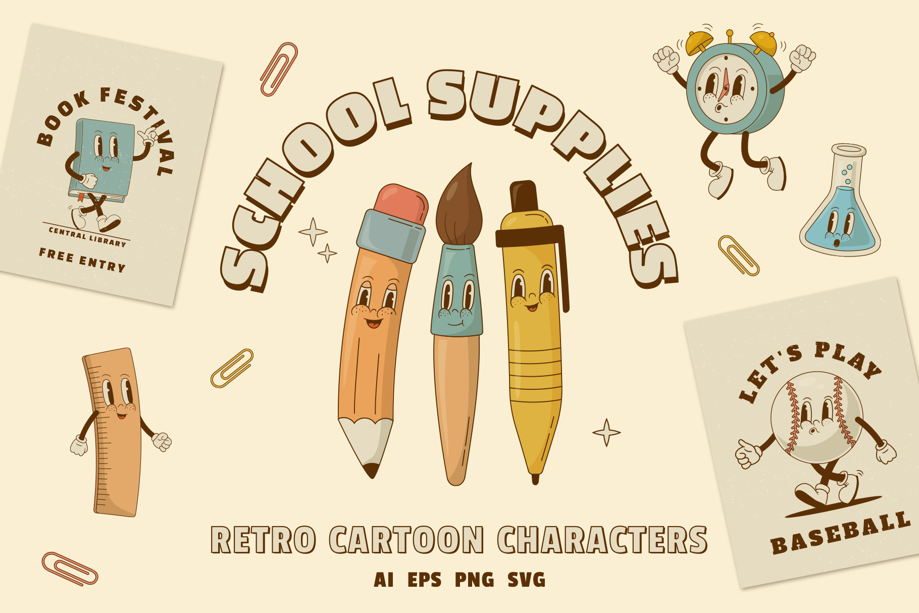 Retro Cartoon School Tools Characters