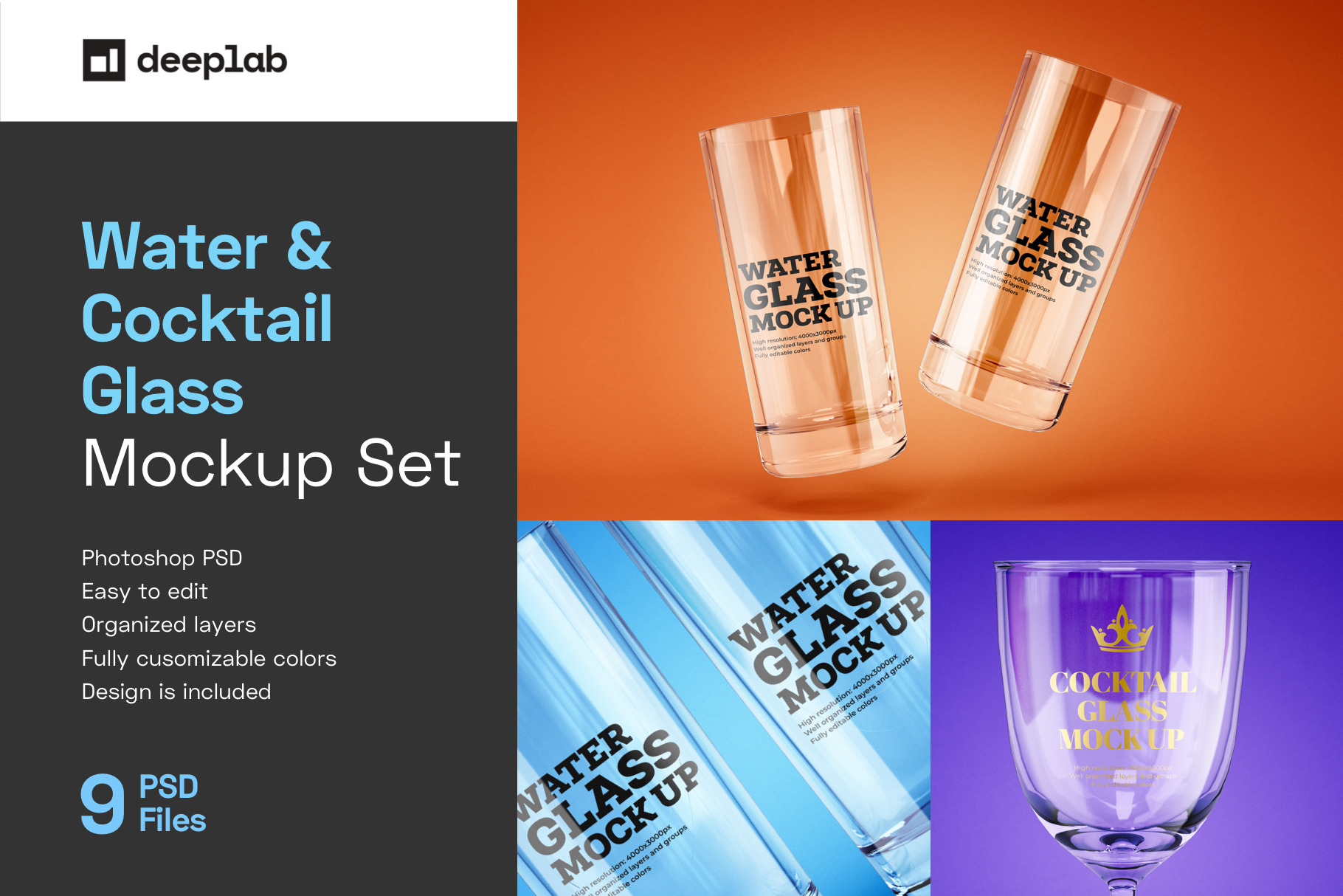 Water and Cocktail Glass Mockup Set, a Product Mockup by Deeplab