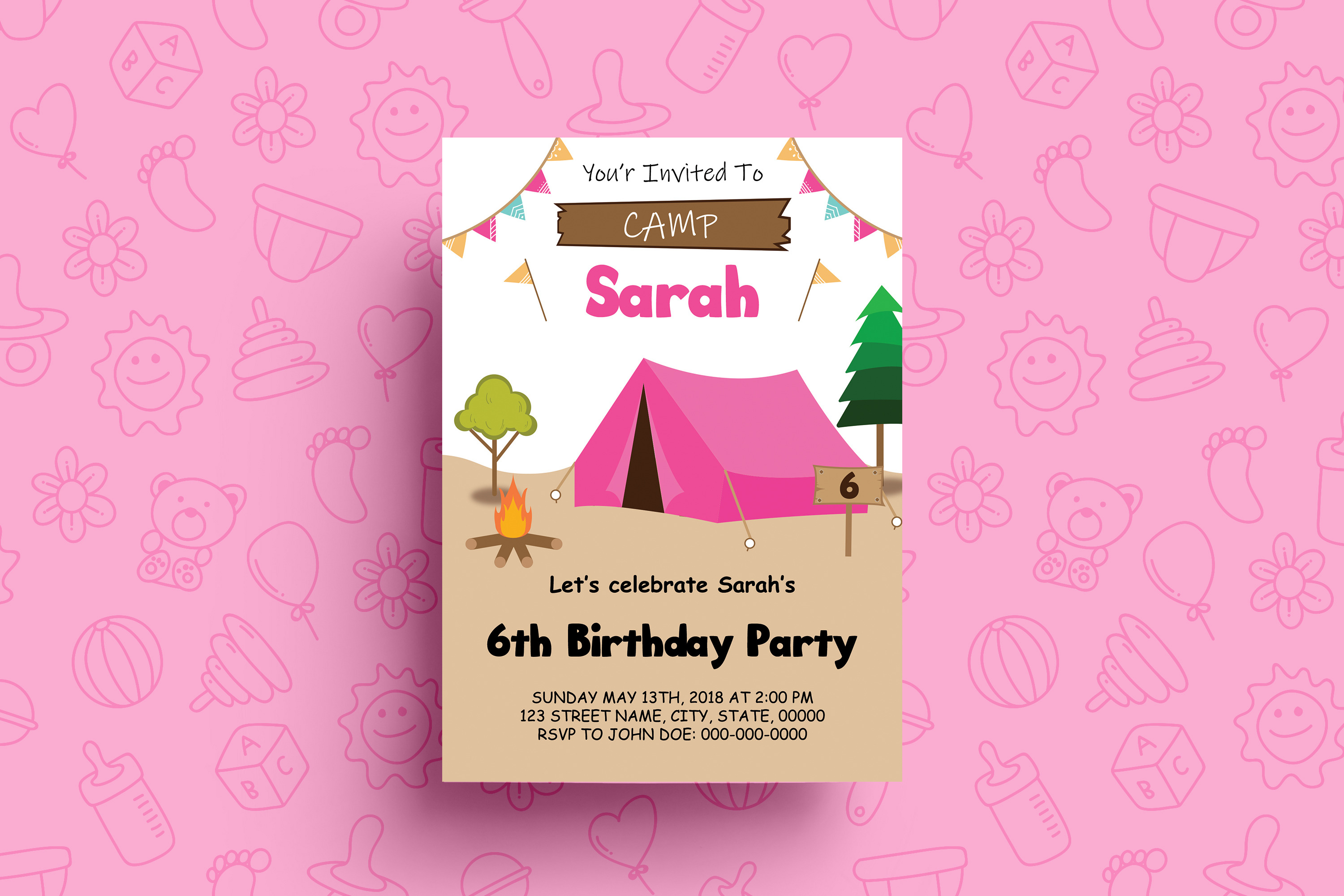 Pink Camping Tent Party Invitation, an Invitation Template by SmmrDesign