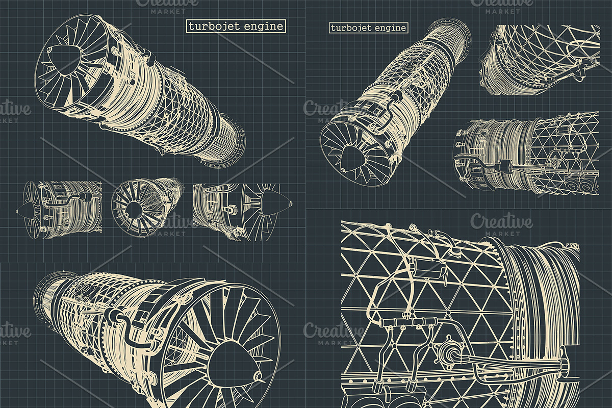 Turbojet Engine Blueprints Set, a Technology Illustration by Blacklight