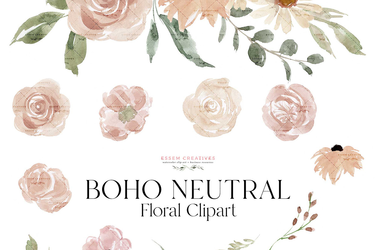 Boho Neutral Watercolor Floral PNG, an Illustration by Essem Creatives