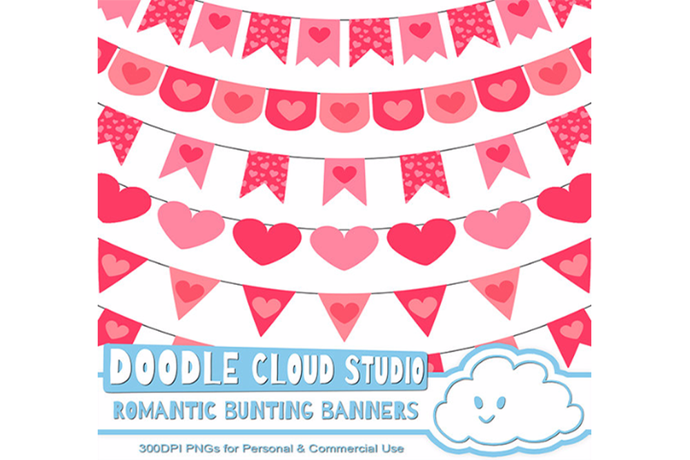 Romantic Bunting Banners Cliparts, an Illustration by Doodle Cloud Studio