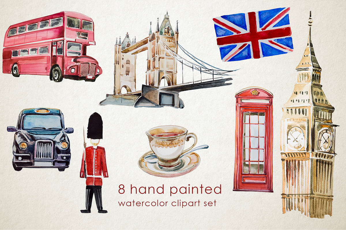 Watercolor England Clipart Set, an Object Illustration by ...