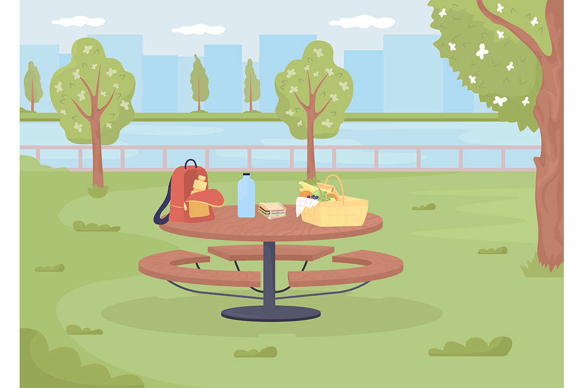 Picnic table with basket, backpack, a Food Illustration by IMG visuals ...