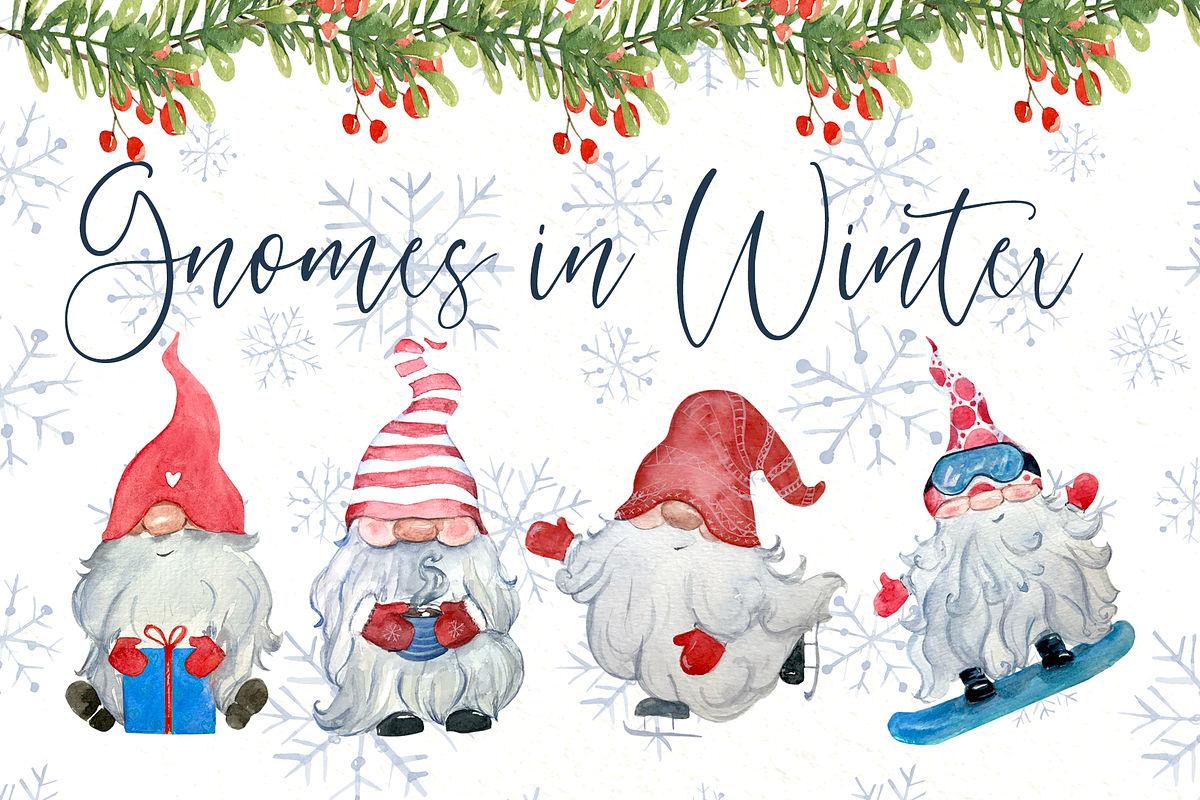 Gnomes in Winter Watercolor Clip Art, a Sport Illustration by Tati Bordiu